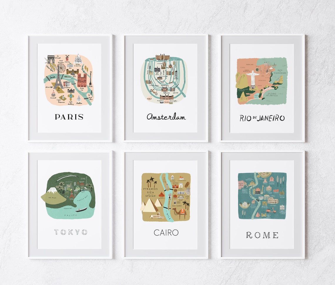 Set of 12 City Map Prints - Hand-drawn Wall Art Collection - Travel ...