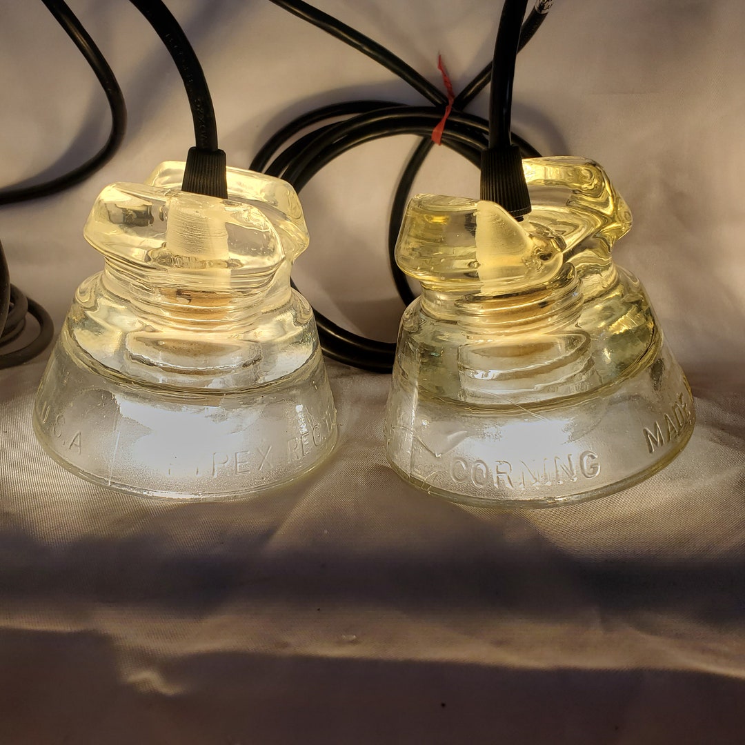 Pair (2) Matched Pair Pyrex Glass Electric Insulator RARE Pendant Light ...