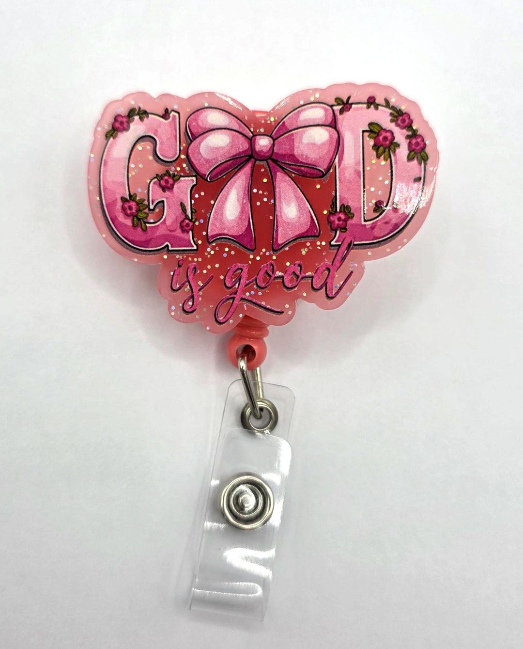 Pink Glitter Bow God is Good Badge Reel - Etsy