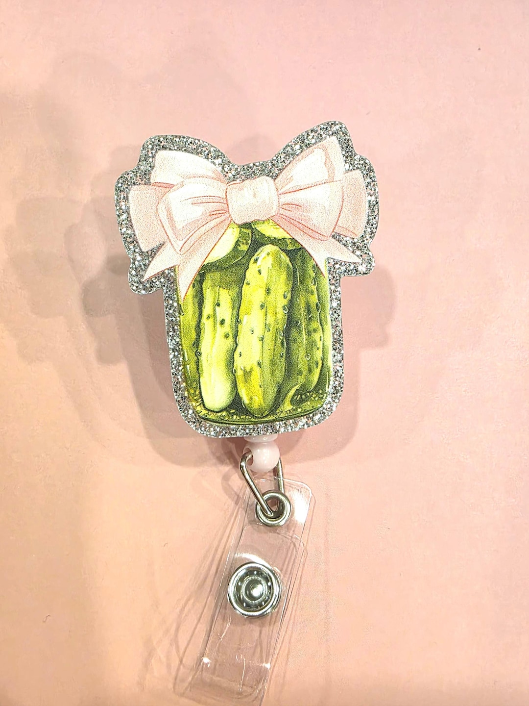 Sparkle Glitter Pickles With Pink Bow Badge Reel - Etsy