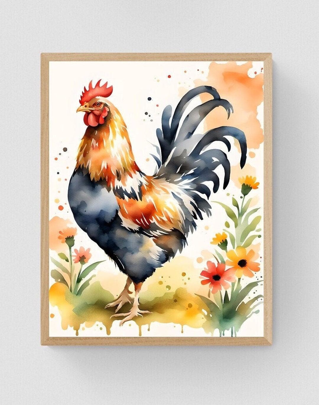 Vintage Rustic Watercolor Rooster Chicken Wall Art, Country Style Wall ...