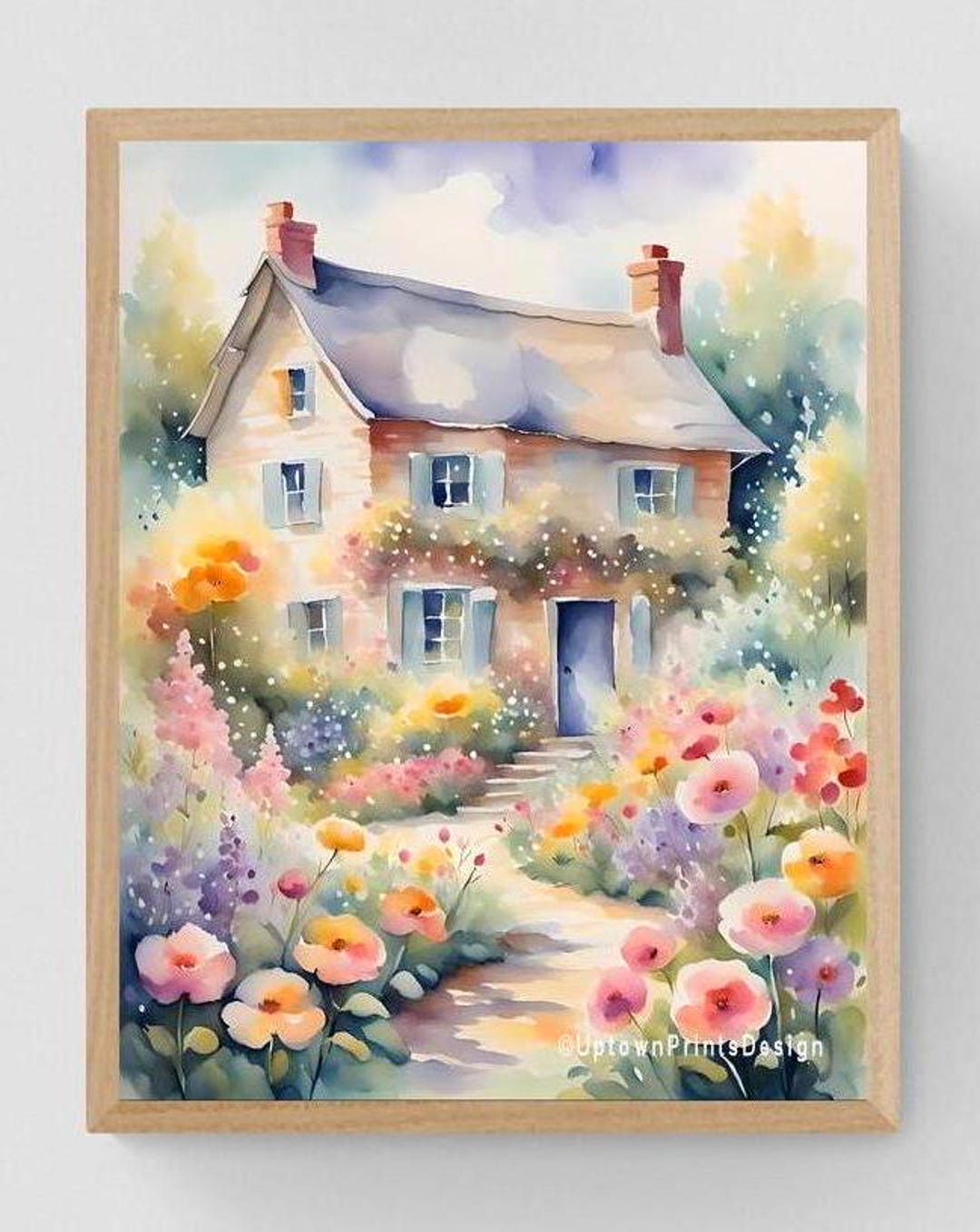 Watercolor Charming English Cottage Garden Art Print, PRINTABLE ...