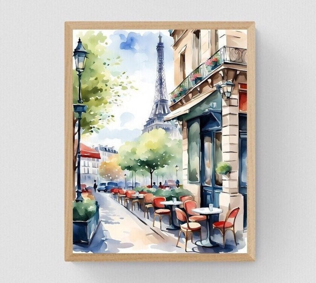Parisian Street Cafe, Paris Wall Art, Eiffel Tower Print, Watercolor ...
