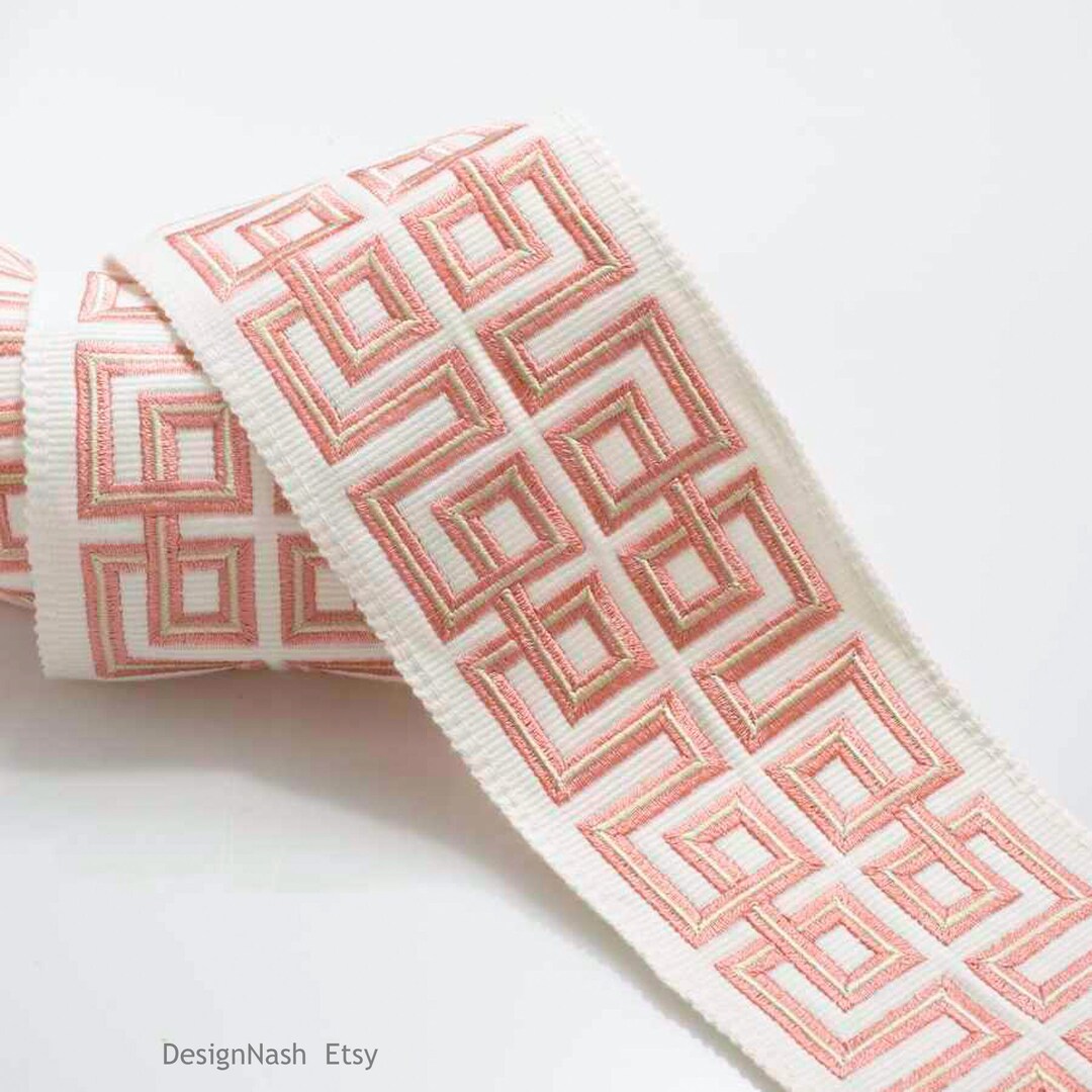 Knight's Labyrinth Petal Pink Embroidered Linen Greek Key Border Tape ...
