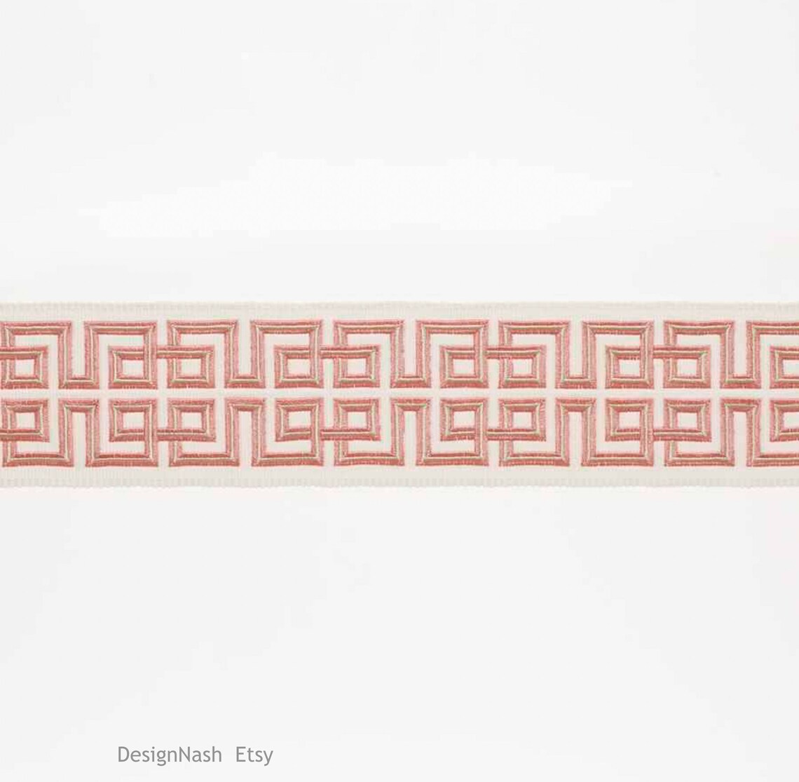 Knight's Labyrinth Petal Pink Embroidered Linen Greek Key Border Tape ...