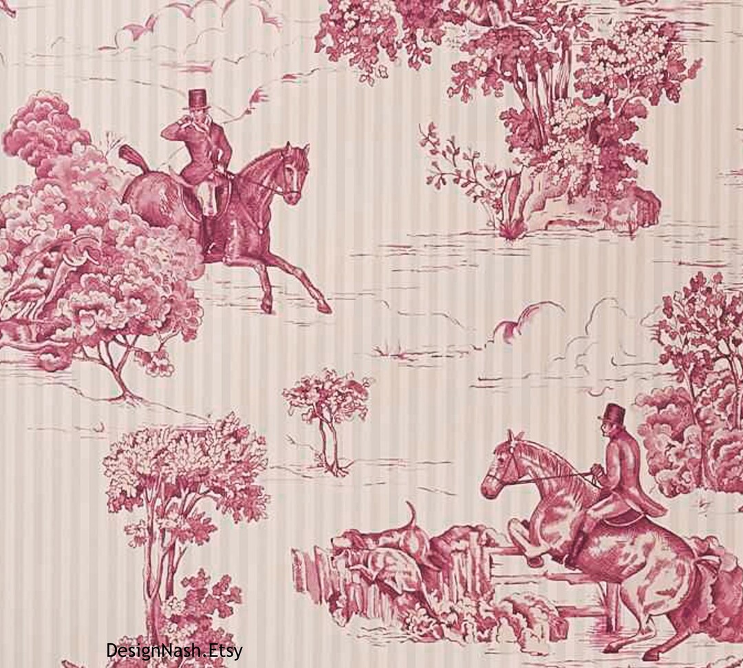 Elway Hall Toile Equestrian Wallpaper Berry Red and Celadon - Etsy