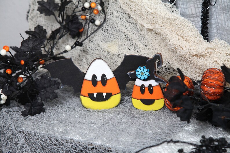 Candy Corn Witch & Bat Decoration: Whimsical Handcrafted Halloween Wood ...