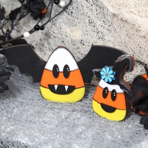 Candy Corn Witch & Bat Decoration: Whimsical Handcrafted Halloween Wood ...
