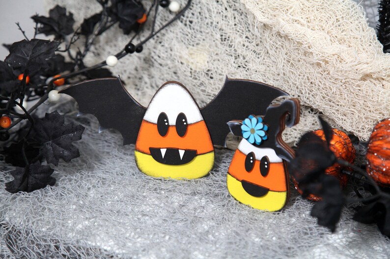 Candy Corn Witch & Bat Decoration: Whimsical Handcrafted Halloween Wood ...