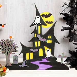 Spooky Halloween Haunted House - Hand-painted Decorative Accent ...