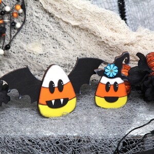 Candy Corn Witch & Bat Decoration: Whimsical Handcrafted Halloween Wood ...