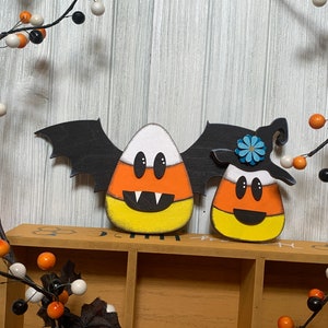 Candy Corn Witch & Bat Decoration: Whimsical Handcrafted Halloween Wood ...