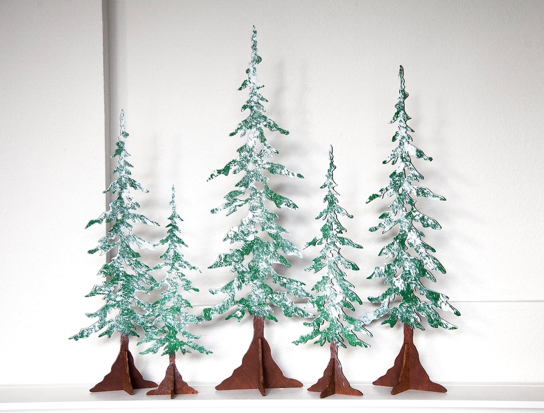 Hand-painted Winter Pine Trees - Decorative Freestanding Wood Trees for ...