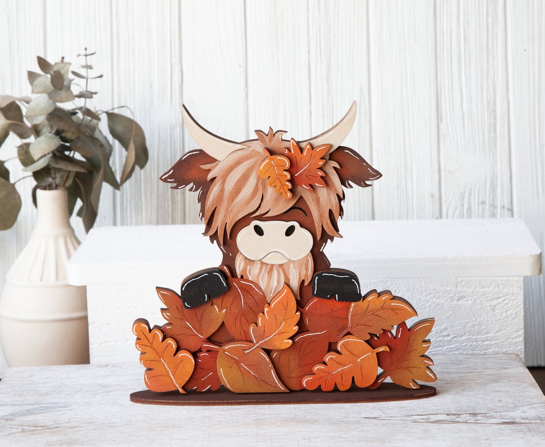 Handmade Highland Cow Shelf Sitter: Fall Leaves Decor - Etsy