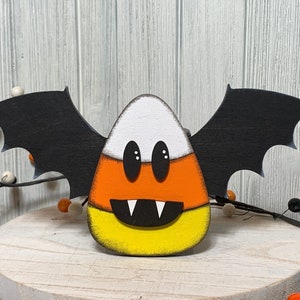 Candy Corn Witch & Bat Decoration: Whimsical Handcrafted Halloween Wood ...