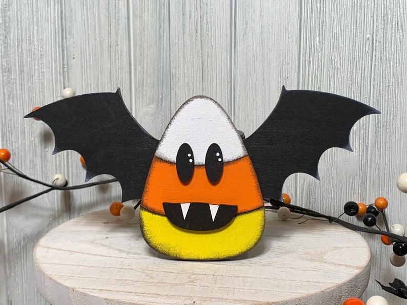 Candy Corn Witch & Bat Decoration: Whimsical Handcrafted Halloween Wood ...