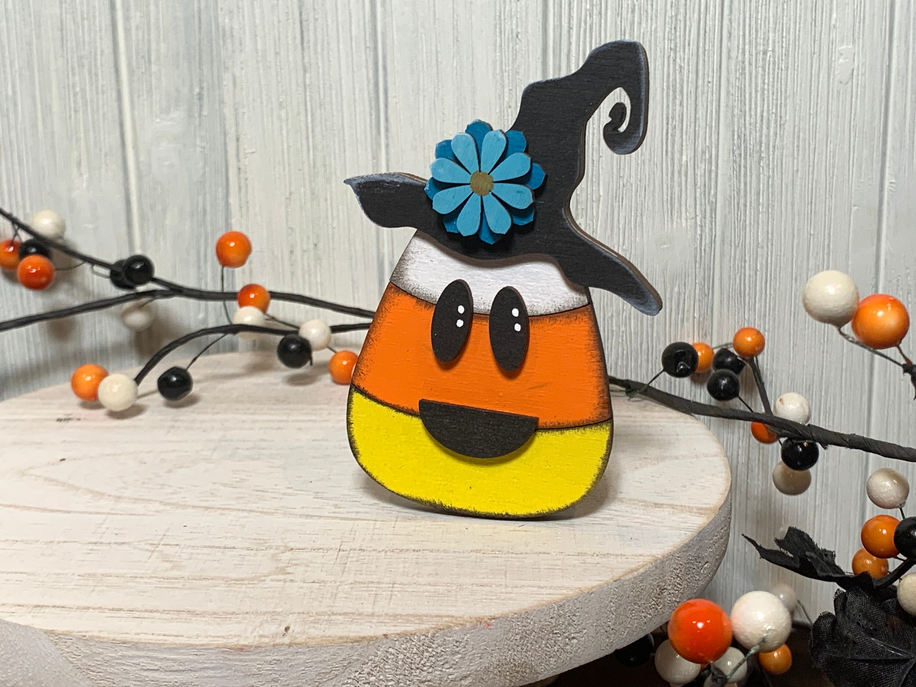 Candy Corn Witch & Bat Decoration: Whimsical Handcrafted Halloween Wood ...