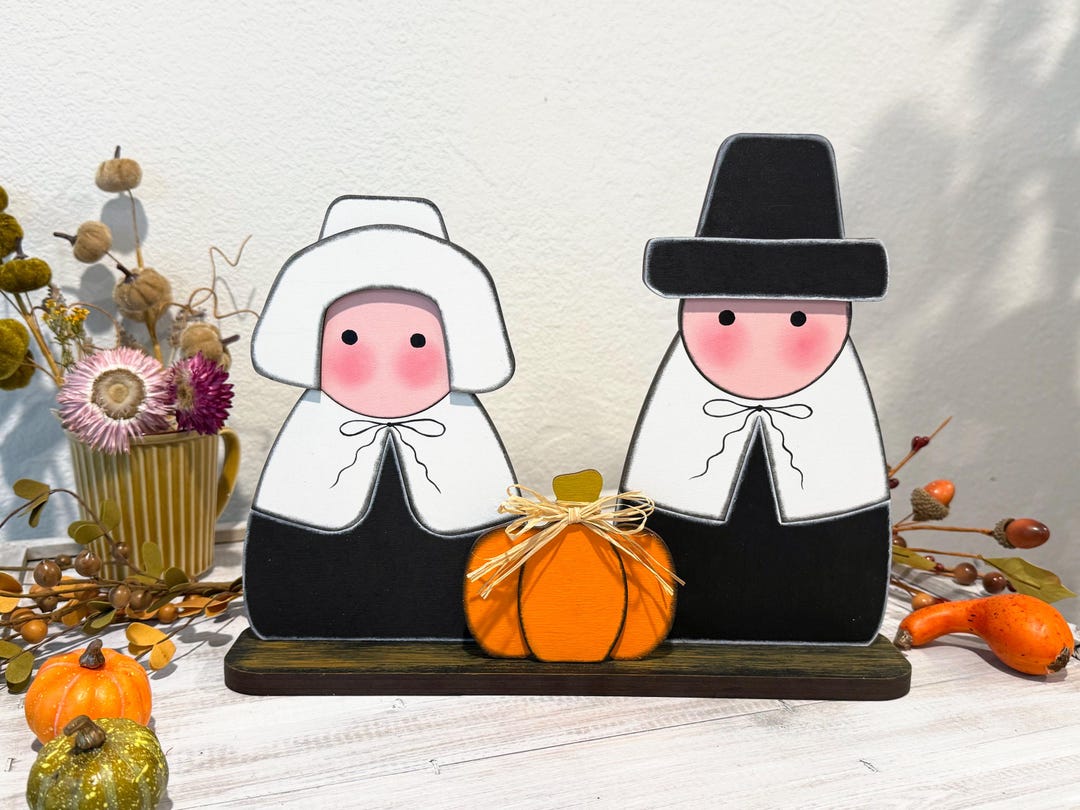 Standing Wood Pilgrims With Pumpkin - Hand Painted Primitive Style ...