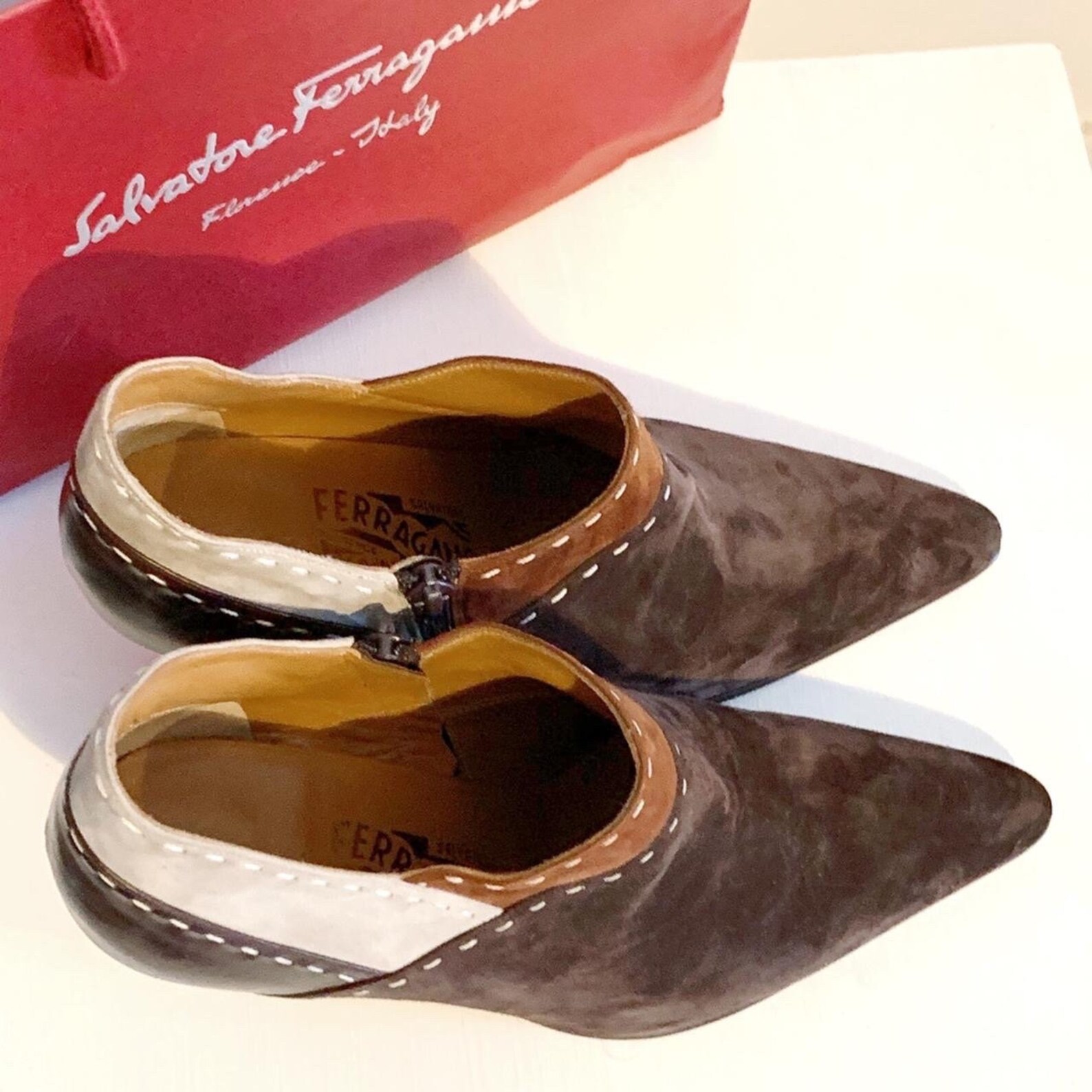 New Tri-coloured Brown Suede Ferragamo Pointed Kitten Heel Ankle Boots ...