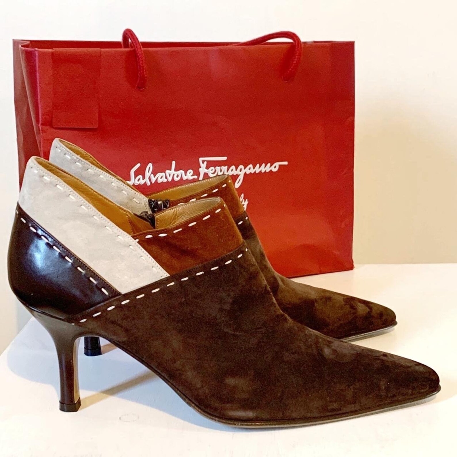 New Tri-coloured Brown Suede Ferragamo Pointed Kitten Heel Ankle Boots ...