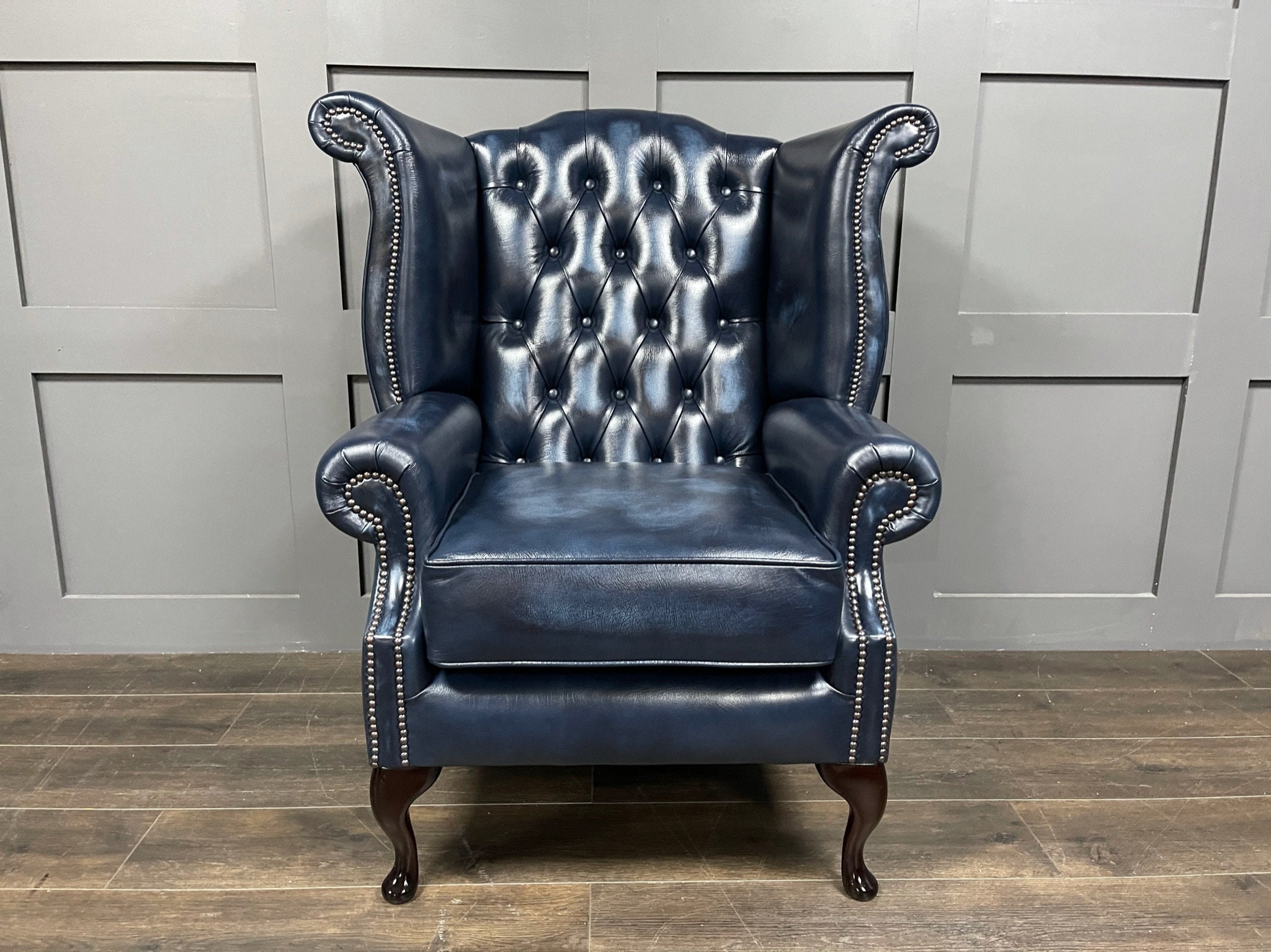 Handmade Chesterfield Wing Chair Antique Blue Leather - Etsy UK