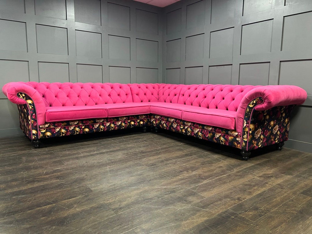 Handmade Corner Skulls and Roses Chesterfield Sofa in Peony Pink Velvet ...