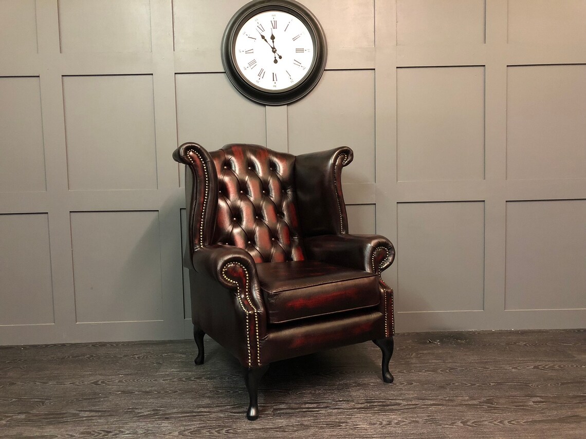 Handmade Chesterfield Wing Chair Oxblood Red Leather | Etsy UK