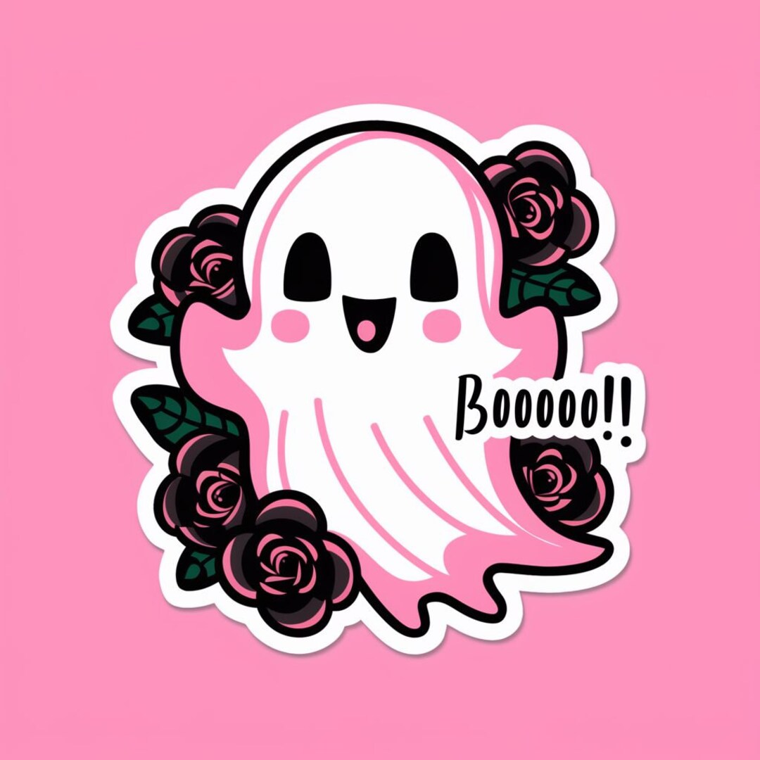 Cute Pink Ghost Witchy Sticker, Kawaii Ghost Sticker,black Roses ...
