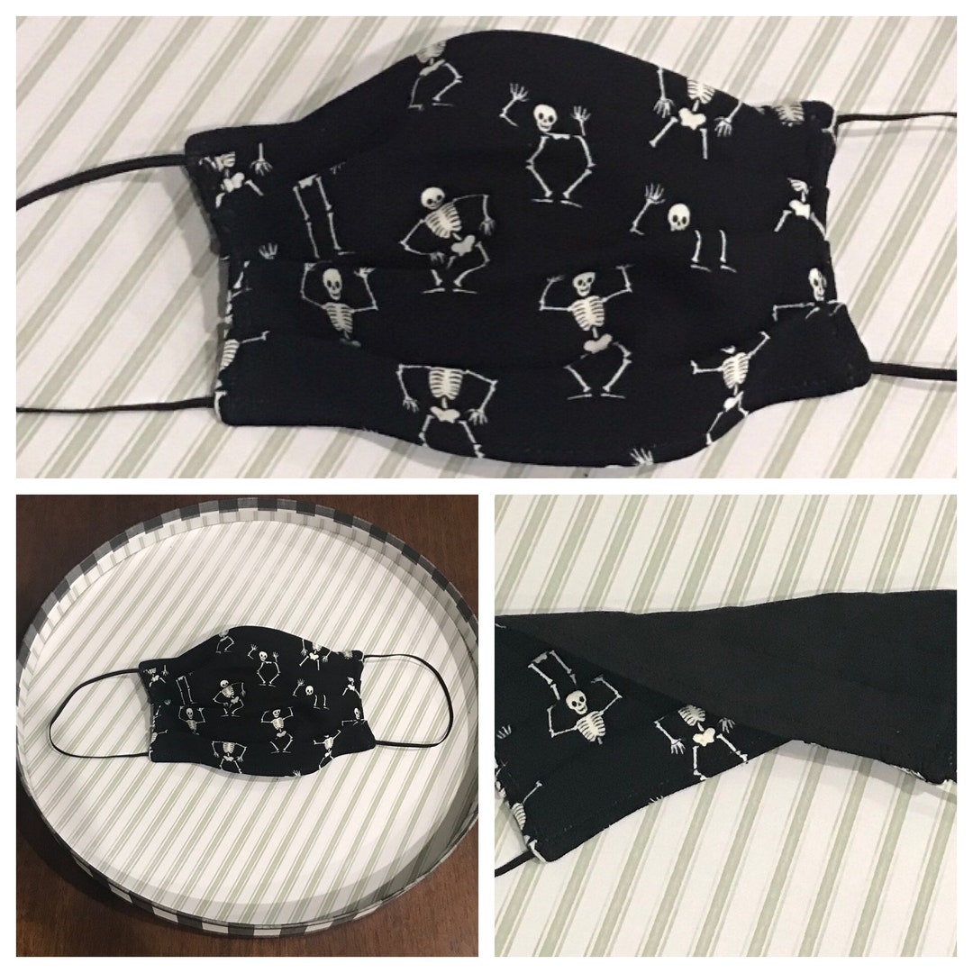 Skeleton Print on Reversible Solid Black Face Cover Mask Stretch ...