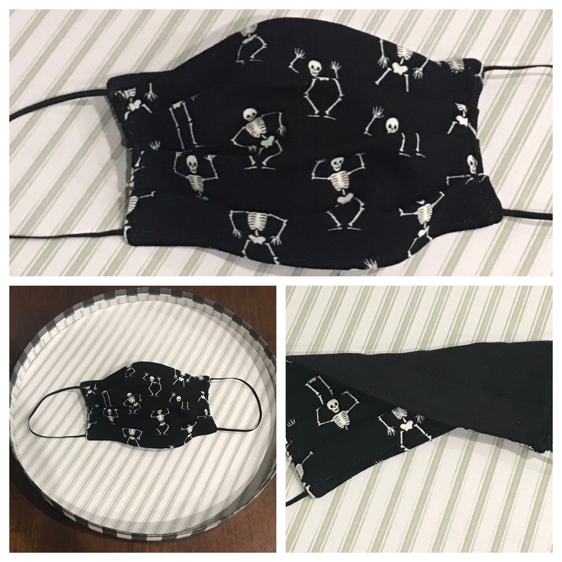 Skeleton Print on Reversible Solid Black Face Cover Mask Stretch ...