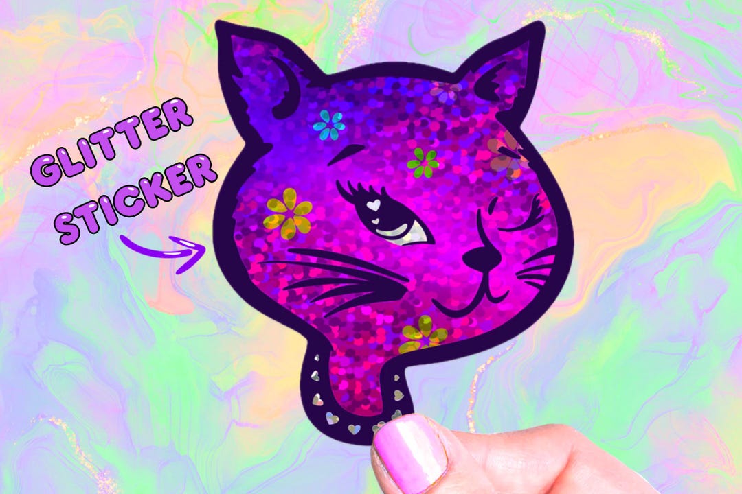 90s Flower Girl Winking Cat Glitter Sticker, Sticker Machine Prize ...