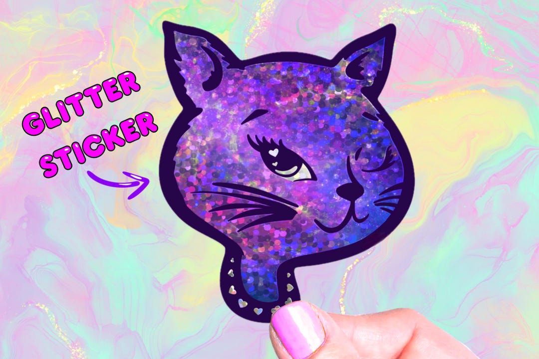 90s Galaxy Winking Cat Glitter Sticker, Sticker Machine Sticker, Retro ...