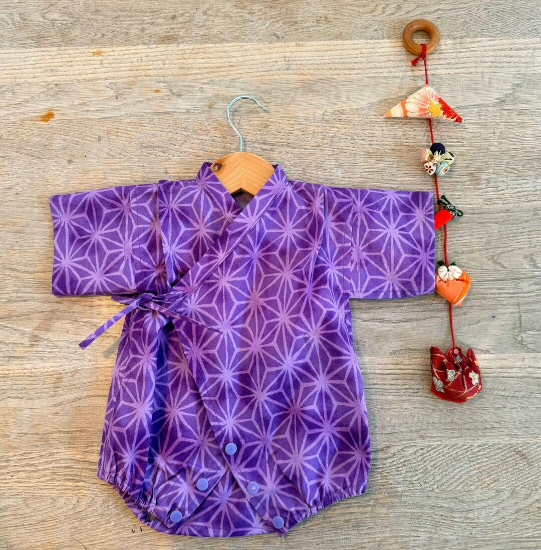 Baby Kimono, Baby Jinbei, Hemp-leaf Pattern Kimono for Babies, Purple ...