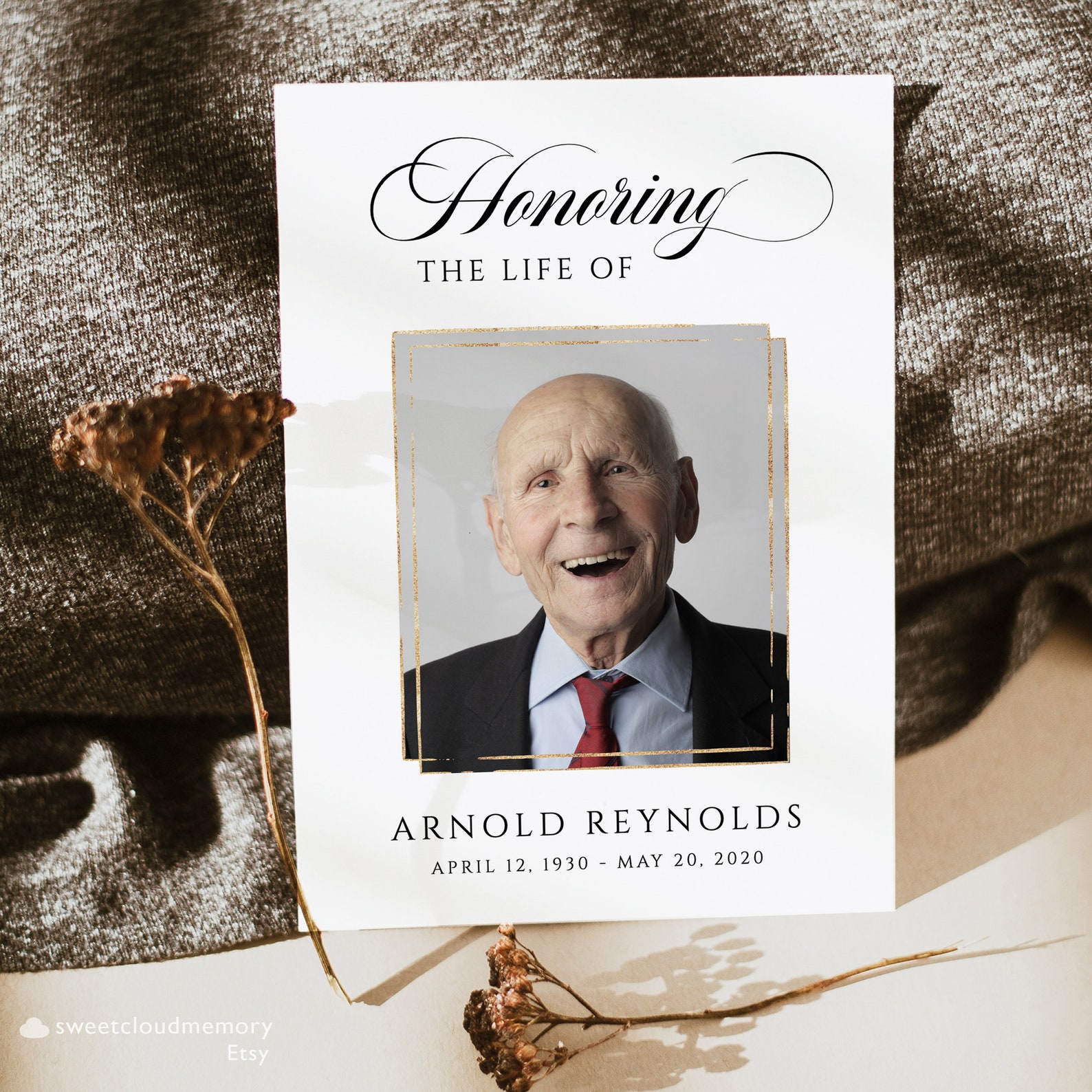 Simple Funeral Photo Prayer Card Gold Frame Minimal Funeral - Etsy