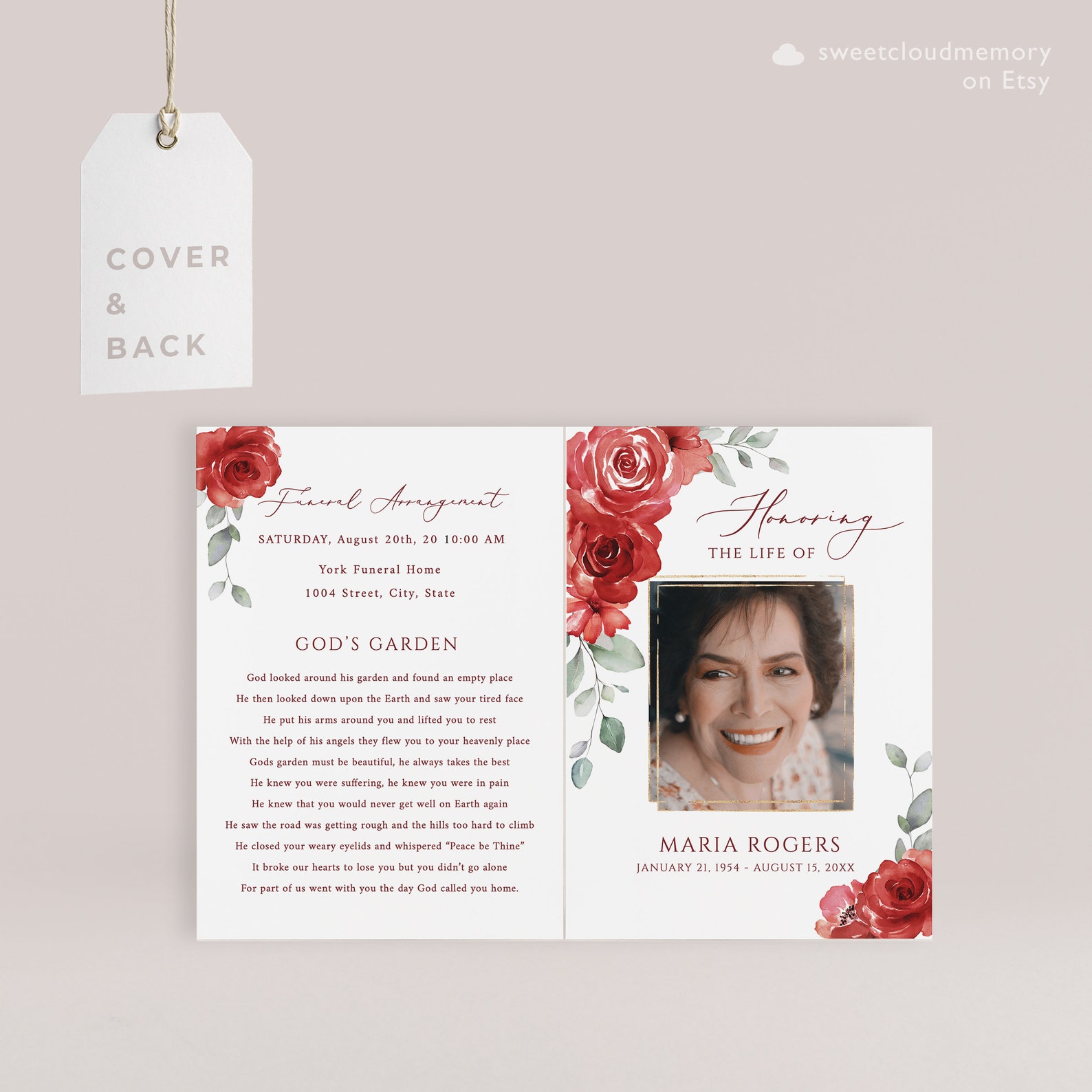 Red Floral Funeral Program Template Gold Cross Deep Red Rose Memorial ...