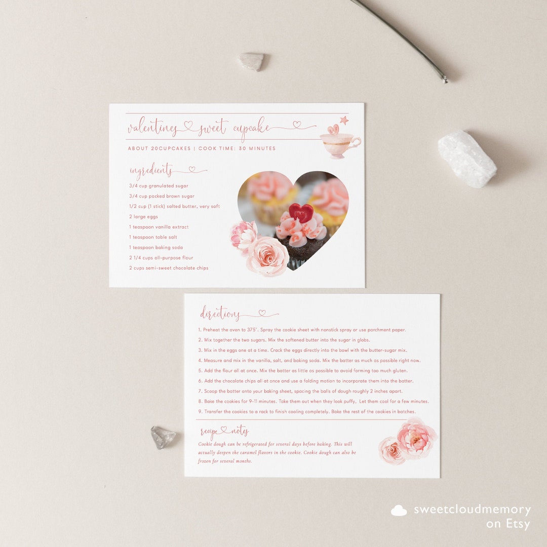 Pink VALENTINE'S DAY Recipe Card Template Pink Floral Heart Recipe ...