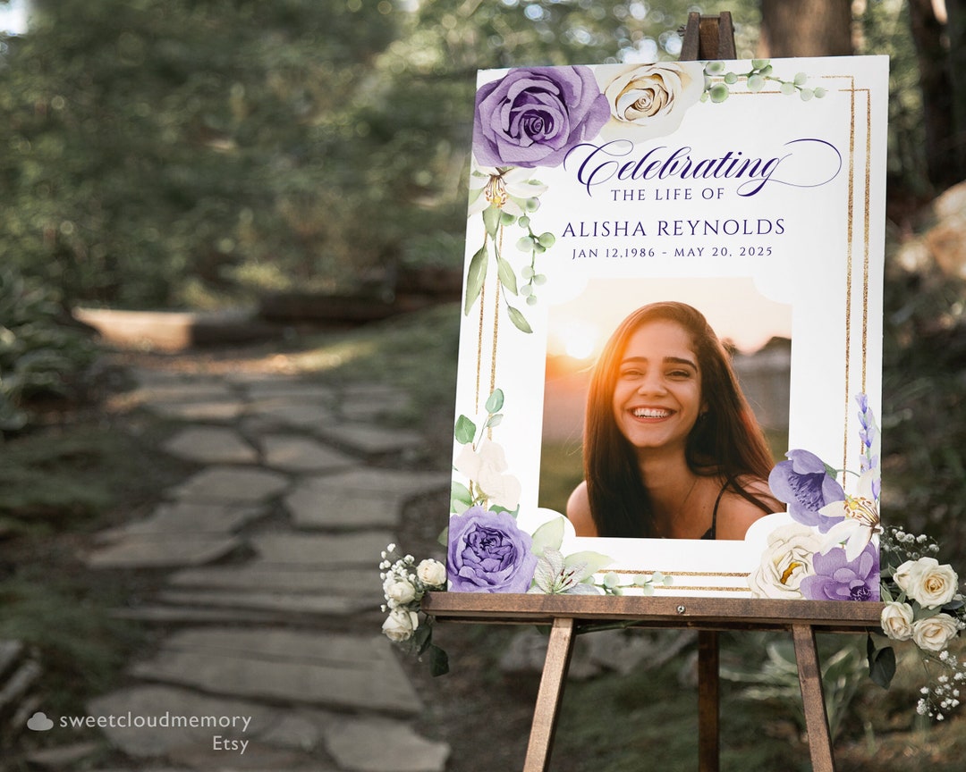 Purple Floral Cream Rose Celebrating the Life Sign White and Violet ...