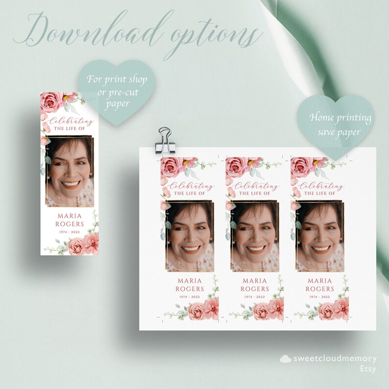 Pink Flower in Loving Memory Bookmark Template Blush Floral - Etsy