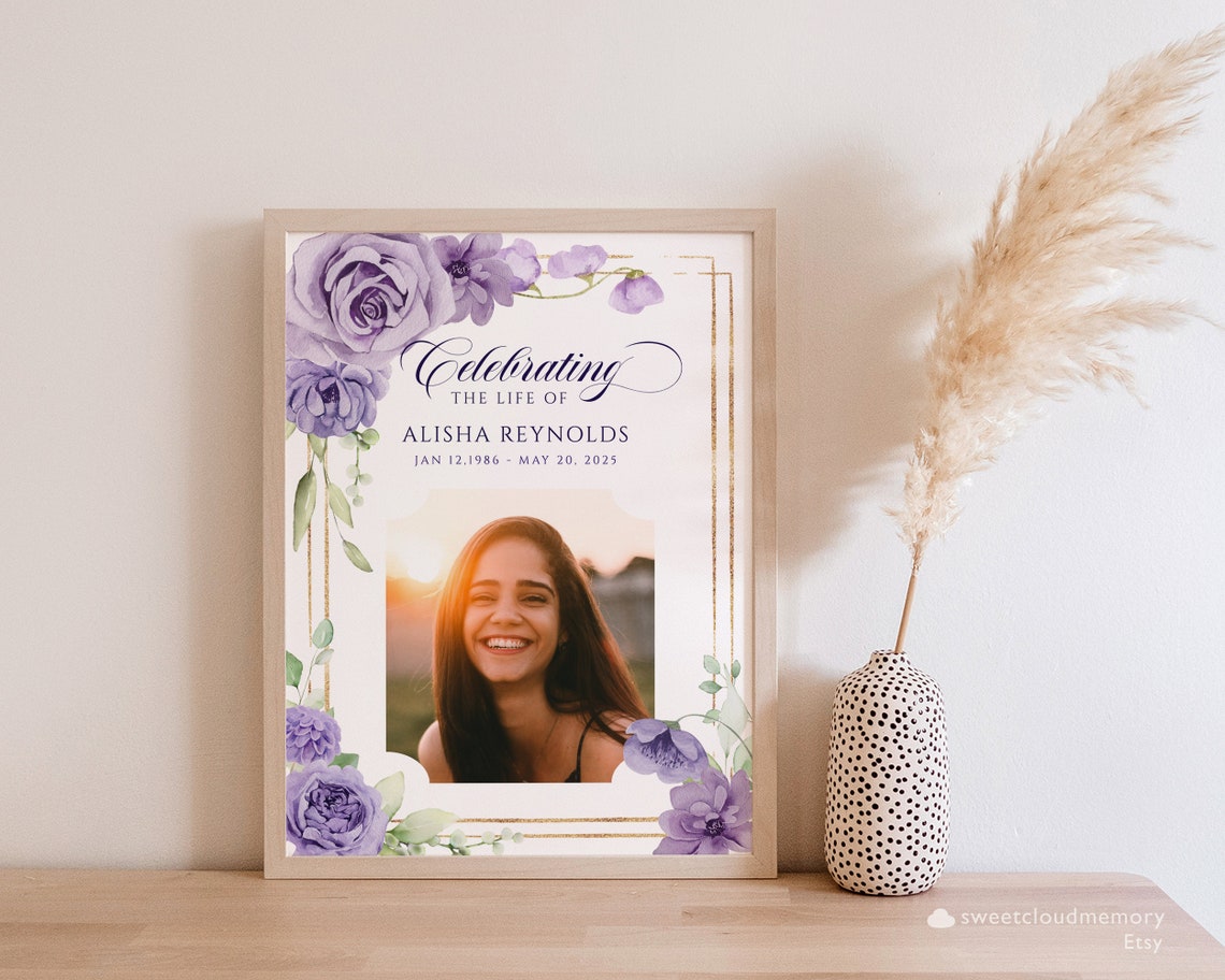 Purple Floral Celebrating the Life Sign Dusty Purple Life Celebration ...