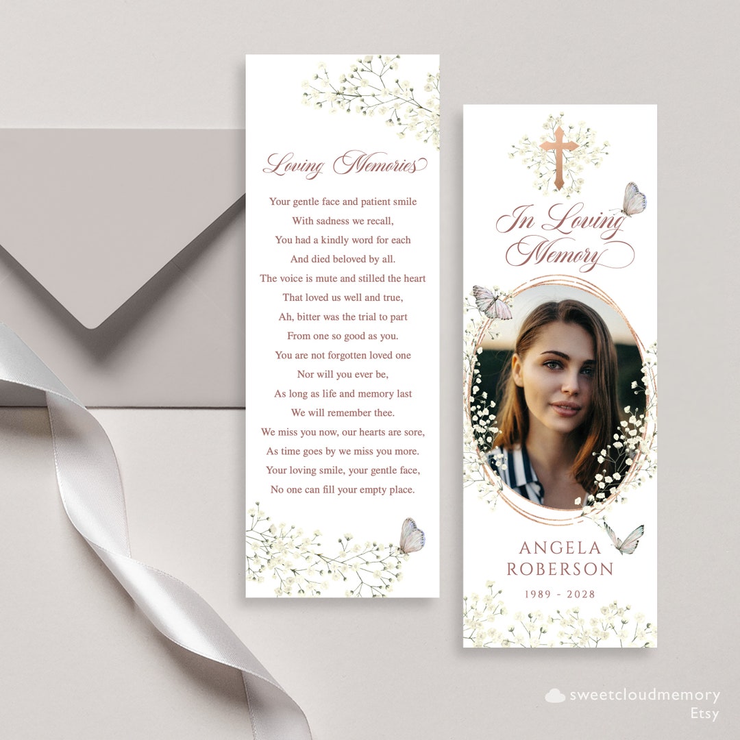 White Floral Funeral Bookmark Template Rose Gold Cross Bookmark ...