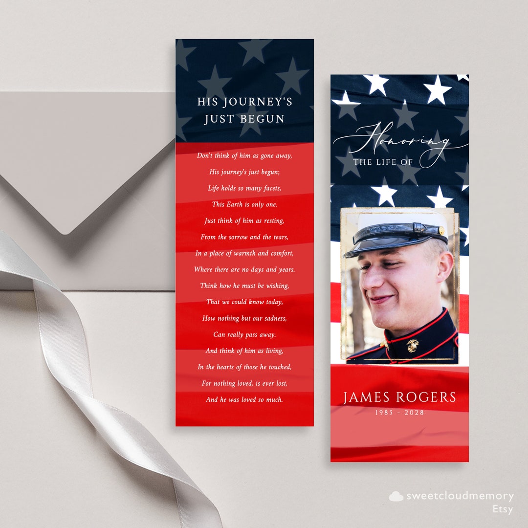 Veteran Funeral Bookmark Template American Flag for Service - Etsy