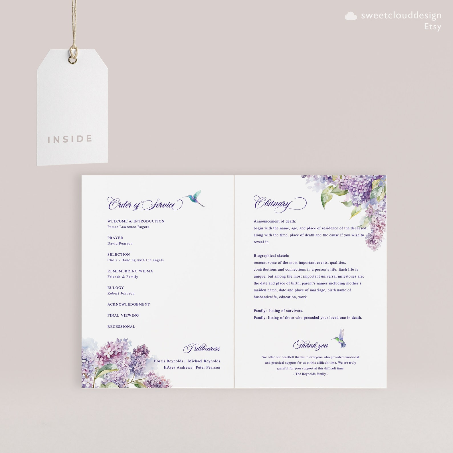 Lilac and Bird Funeral Program Template Purple Floral Funeral Memorial ...