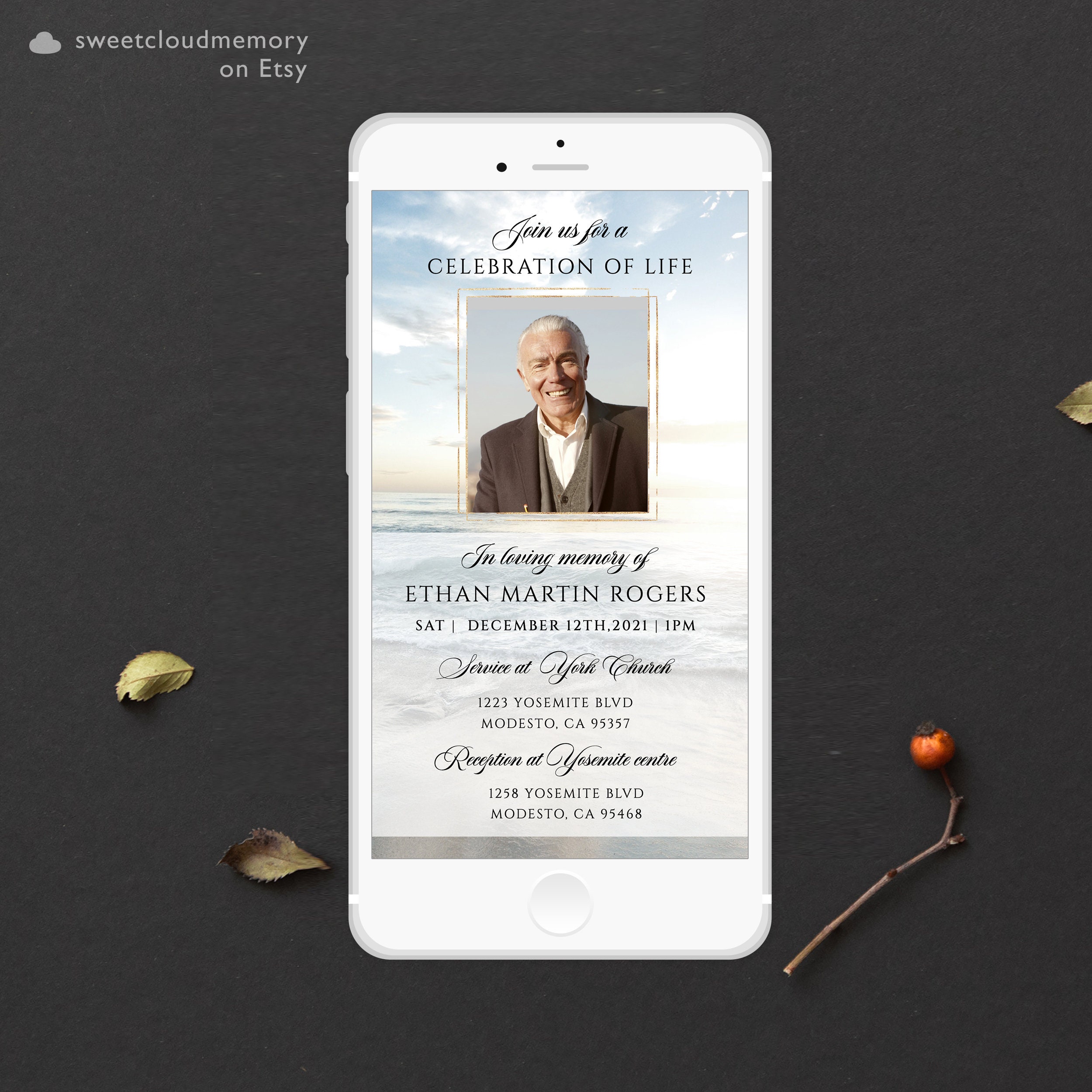 Blue Sky Gold Digital Funeral Invitation Template Seascape Funeral E ...