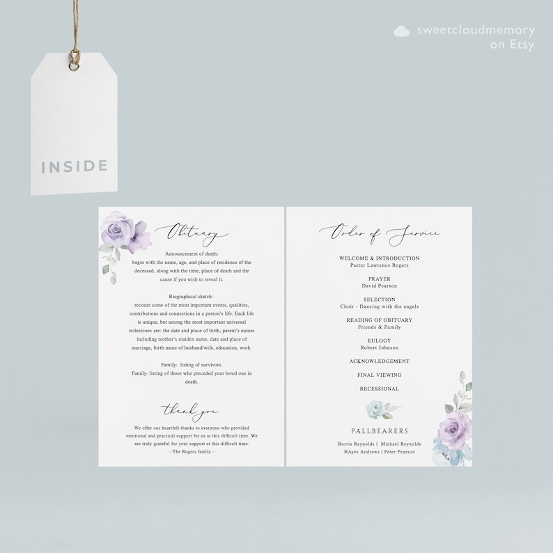 Purple Floral Funeral Program Template Violet Flower Funeral - Etsy