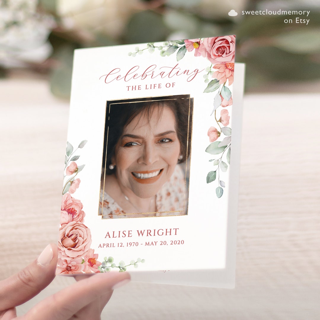Pink Floral Funeral Program Template Peach Flower Funeral Memorial ...