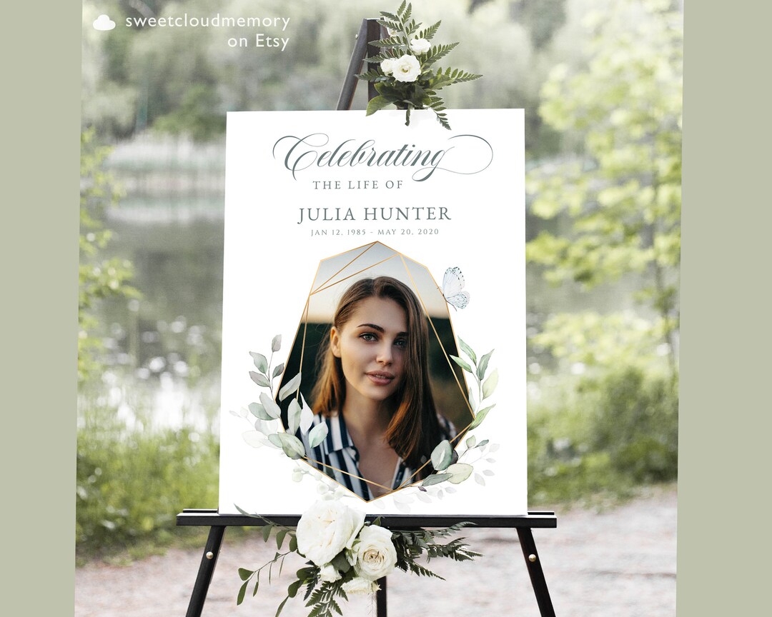 Greenery Funeral Poster Celebrating the Life Sign Welcome Sign Gold ...