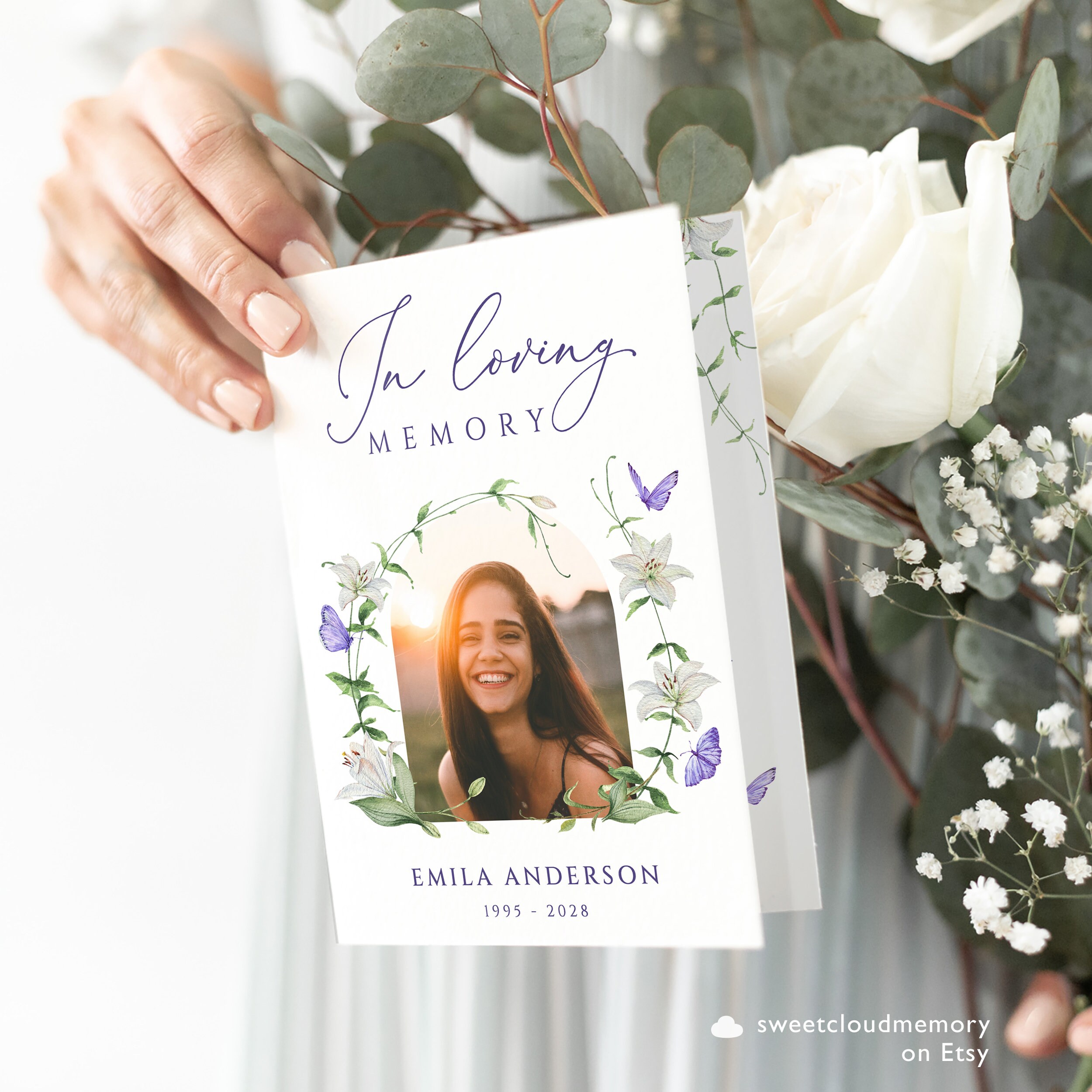 White Lily Purple Butterfly Funeral Program Template White - Etsy