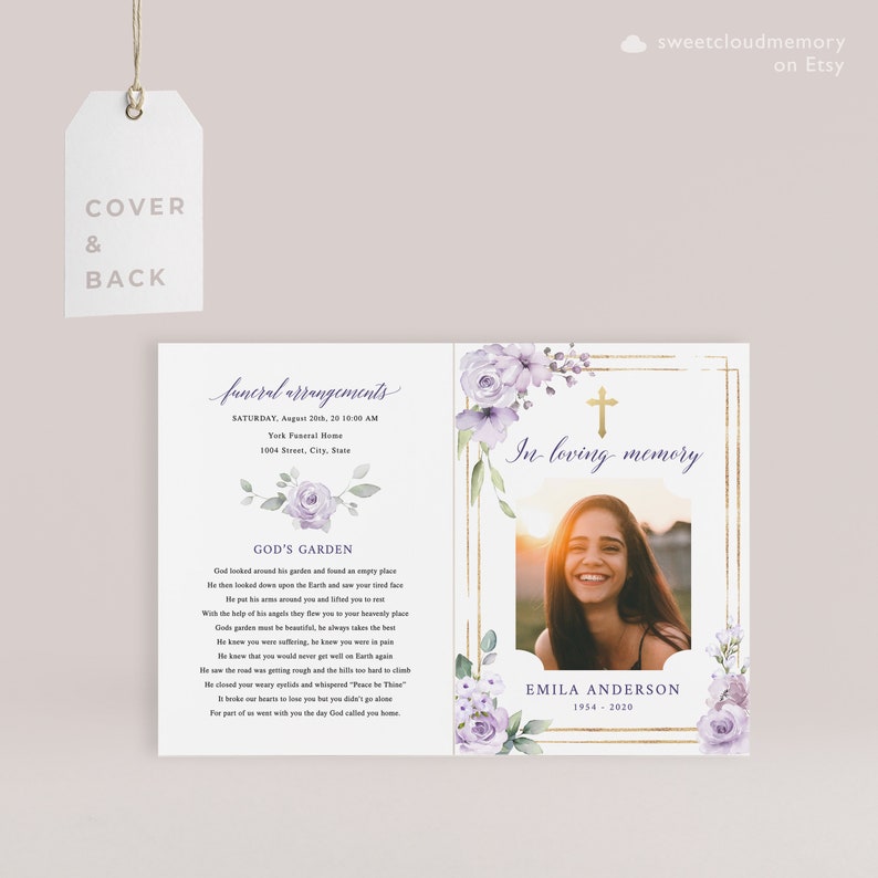Gold Cross Violet Funeral Program Template Purple Floral Funeral ...