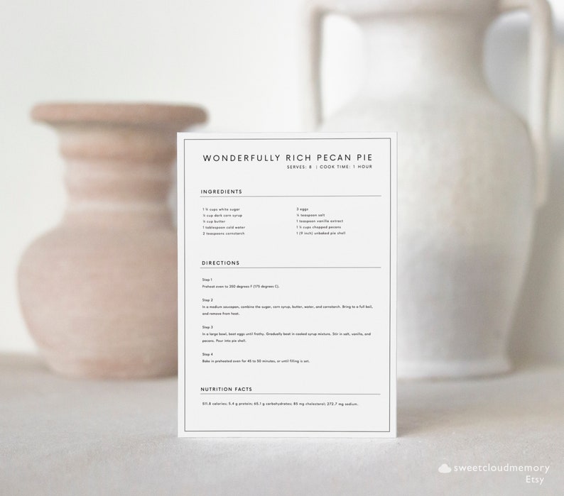 Simple Line Recipe Card Template Editable Modern Recipe Card | Etsy