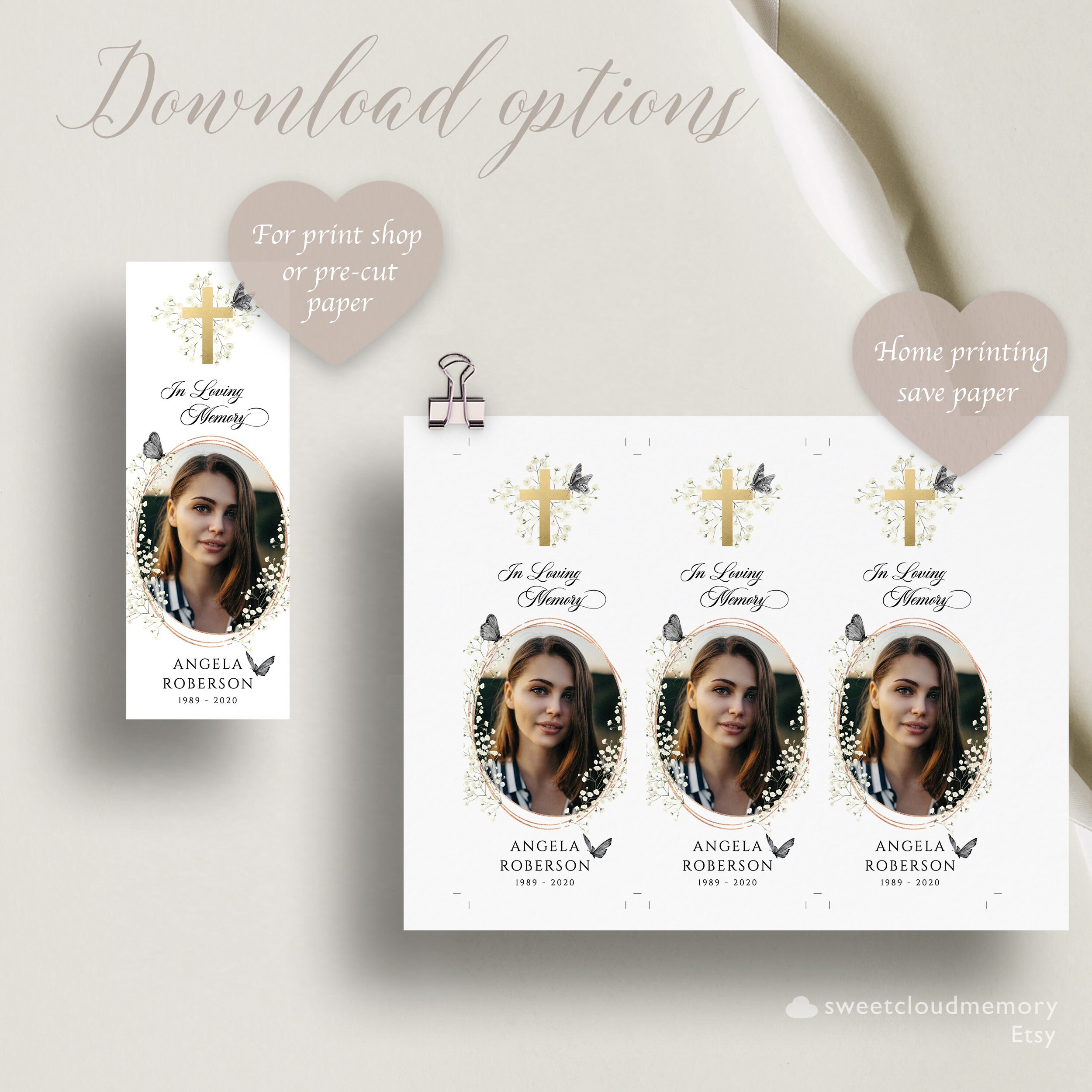 White Floral Funeral Bookmark Template Gold Cross Bookmark Catholic ...